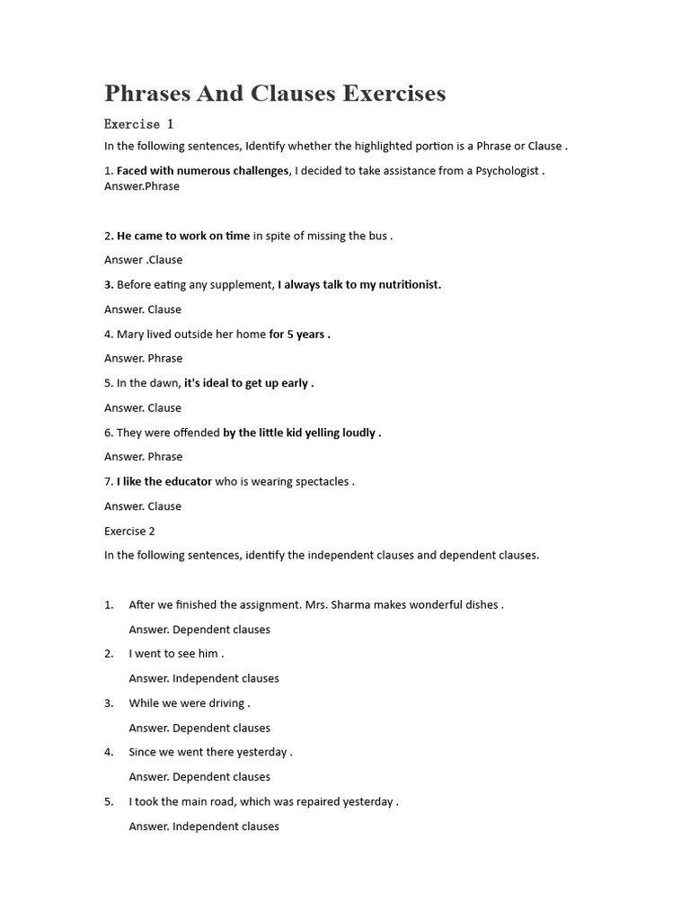 Synchronous Exercises On Phrases and Clauses | PDF | Phrase | Clause