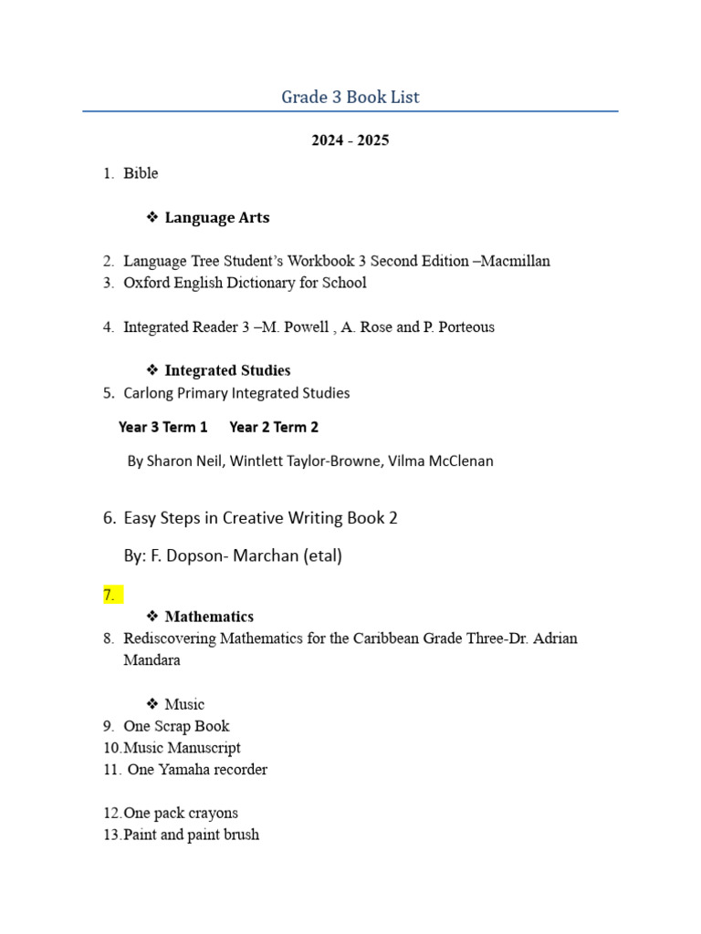 2024-25 Booklist Grade 3 | PDF