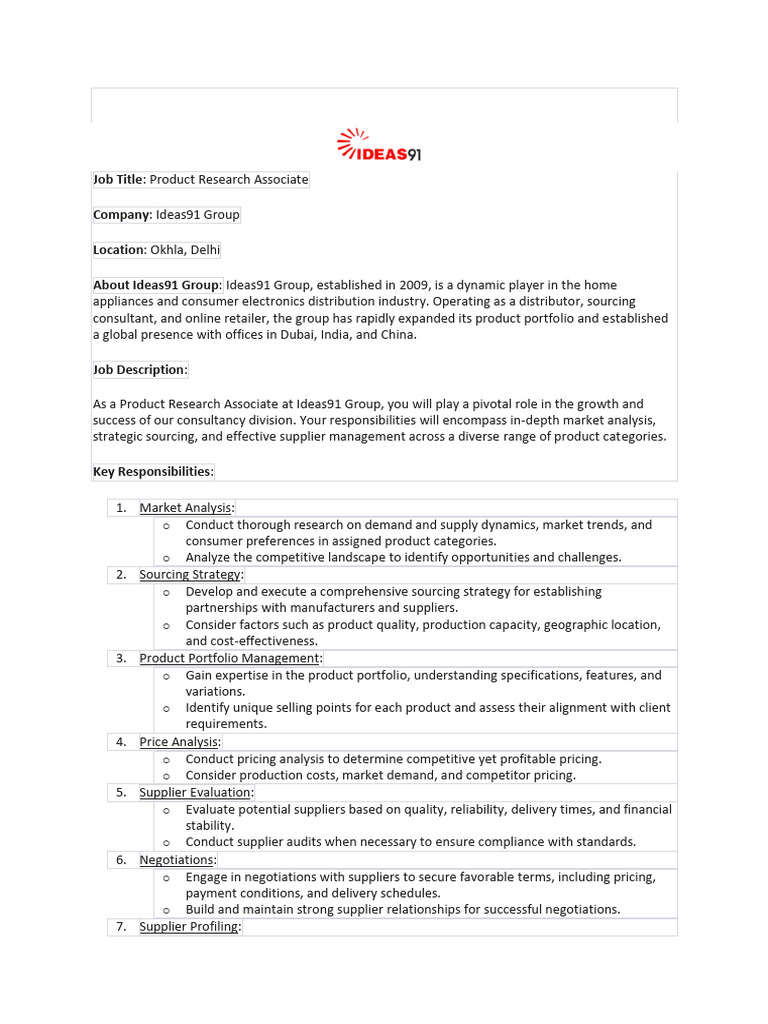 JD - Product Research Associate - Ideas91 | PDF | Supply Chain | Pricing