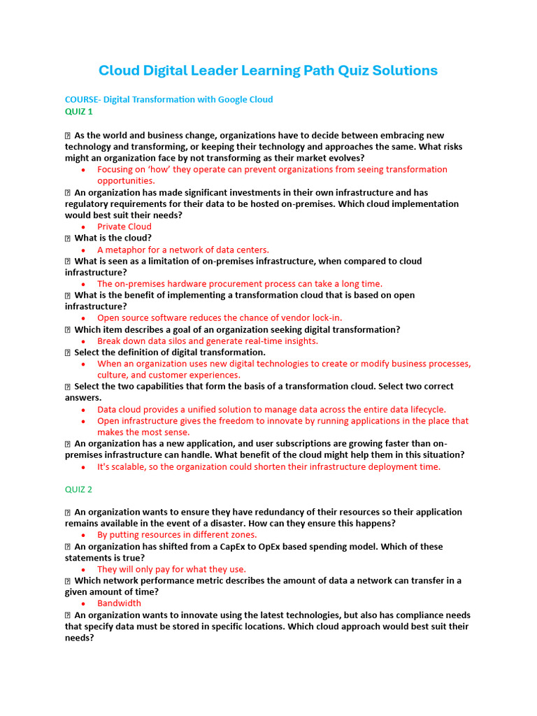 Google Cloud Digital Transformation Quiz Solutions | PDF | Cloud ...