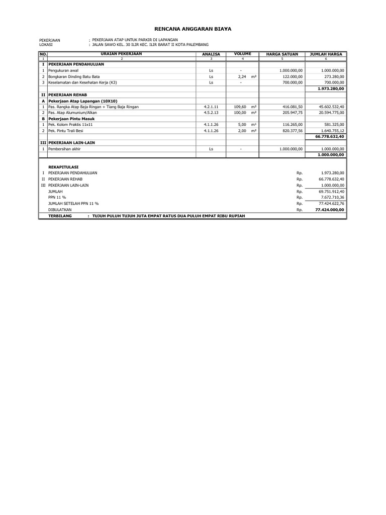 RAB Atap Untuk Parkir Di Lapangan Mess Sawo Palembang | PDF