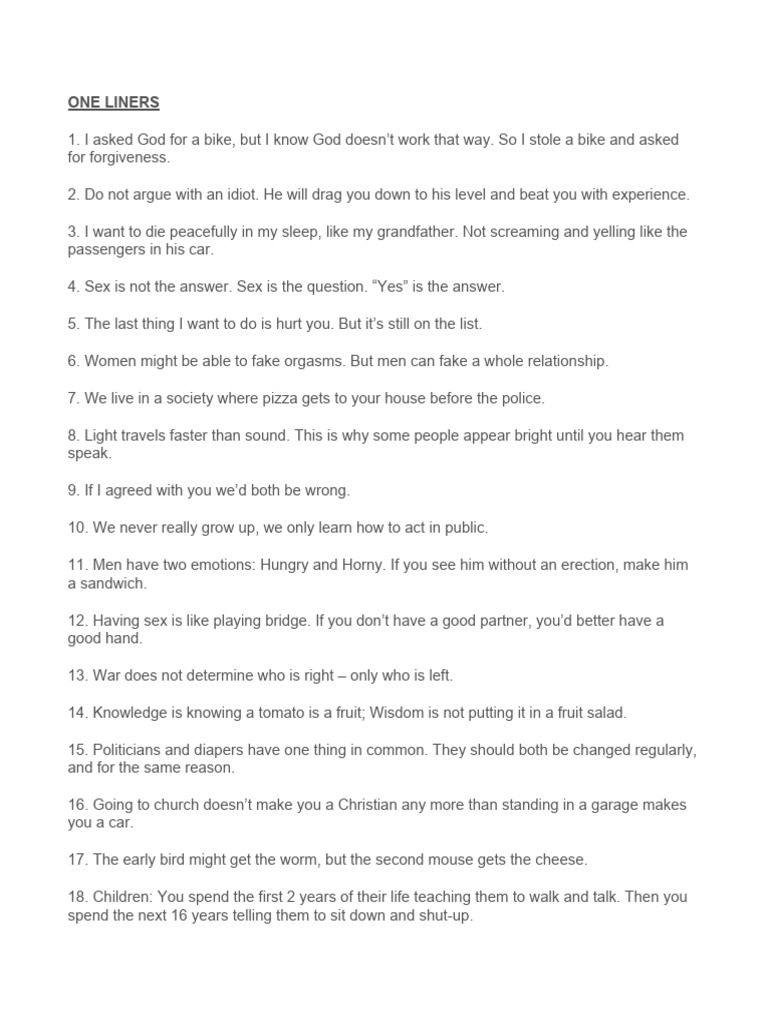 One Liners | PDF | Social Science | Mystery, Thriller & Crime Fiction