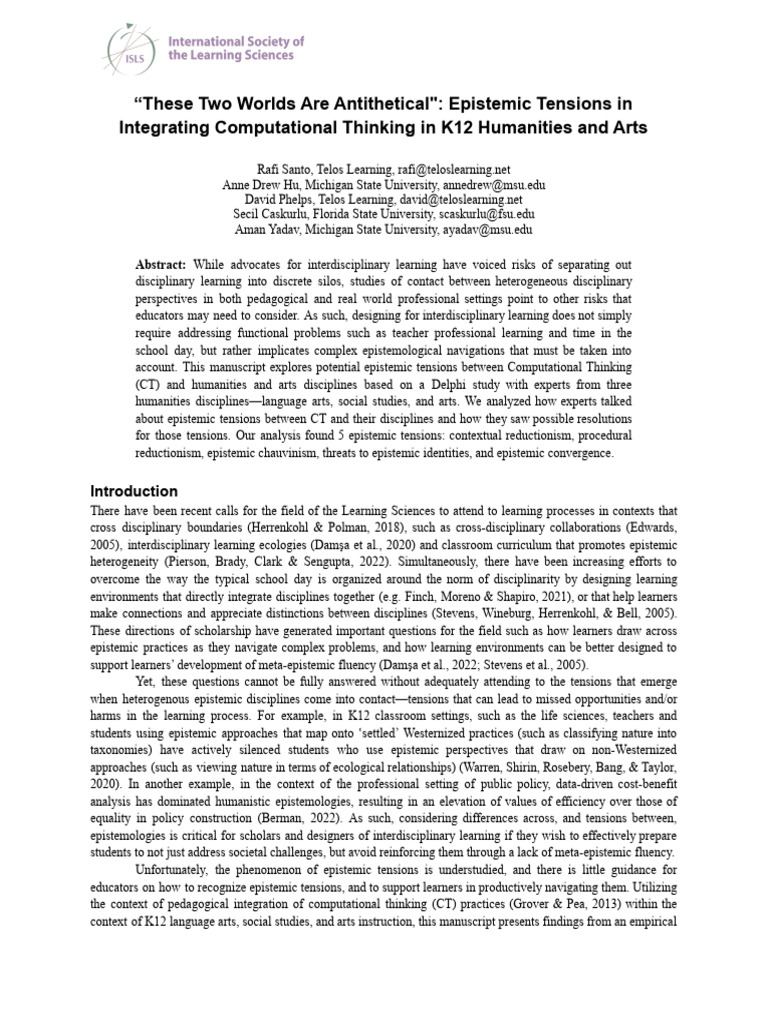 "These Two Worlds Are Antithetical": Epistemic Tensions in Integrating Computational Thinking in ...
