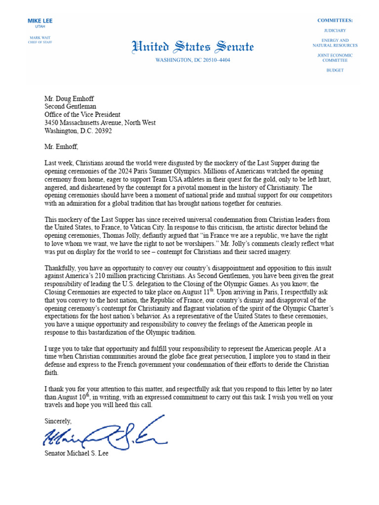 Letter To The Second Gentleman - Senator Mike Lee | PDF | History