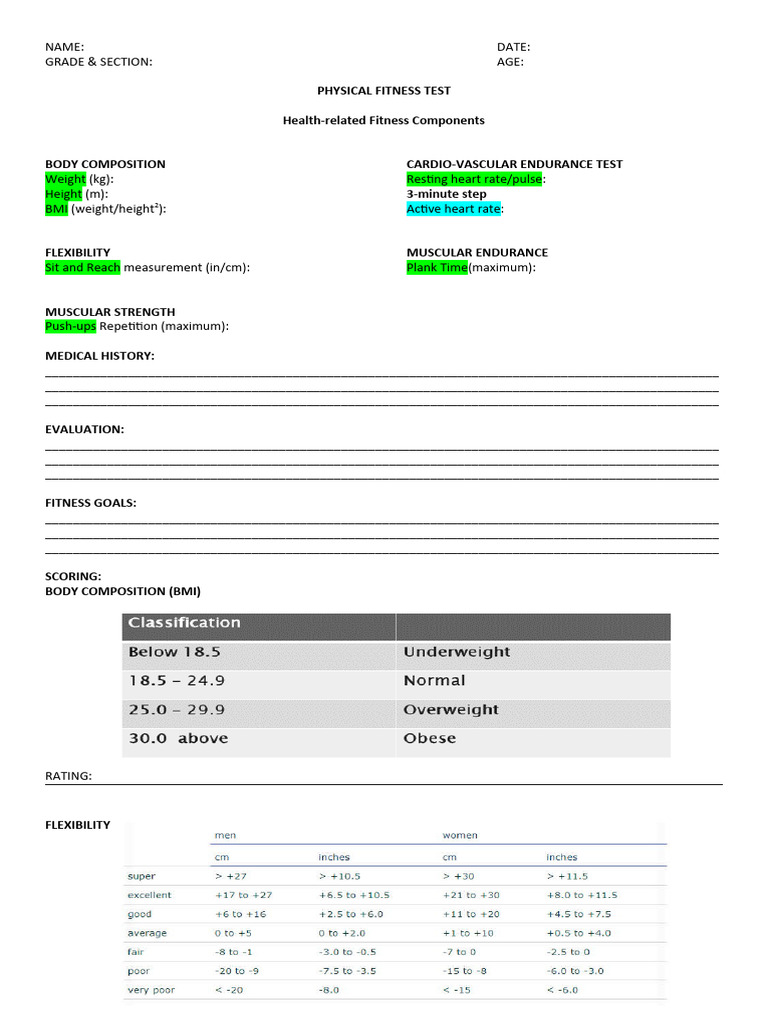 Physical Fitness Test Form | PDF | Physical Fitness | Body Mass Index