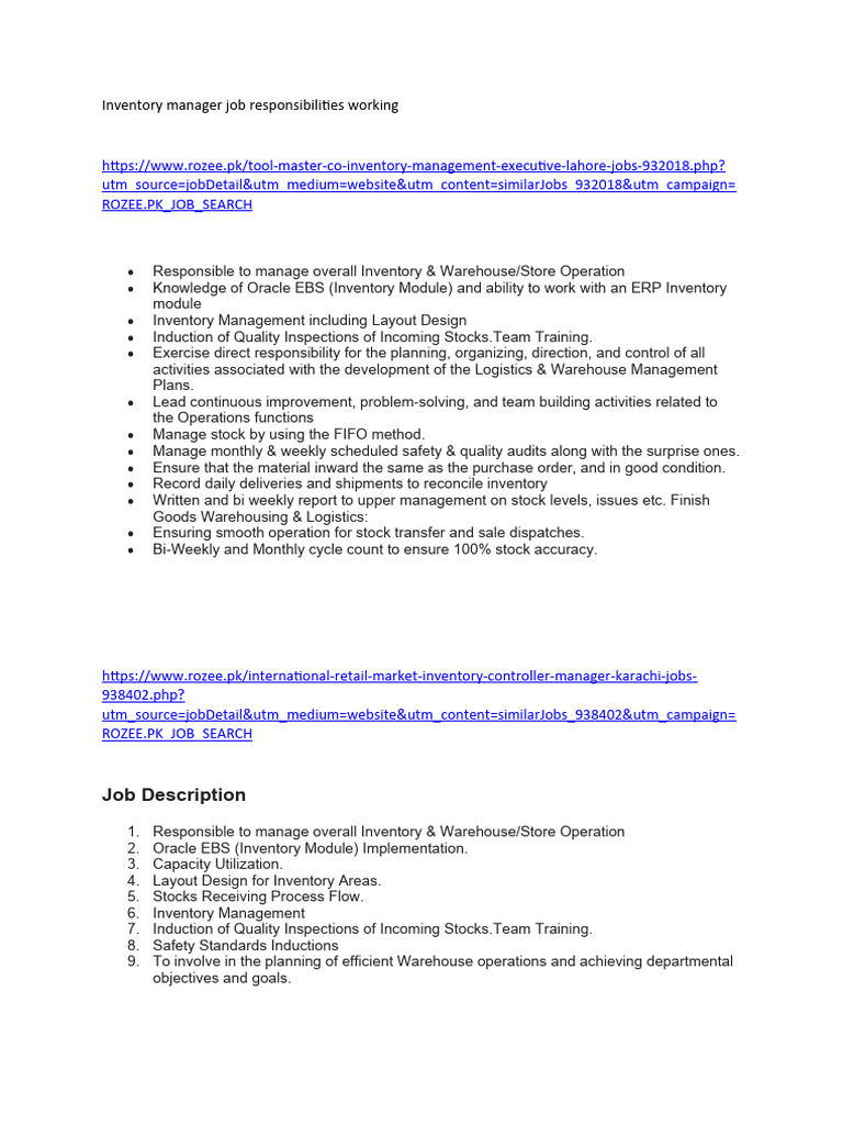 Inventory Manager Job Responsibilities | PDF | Warehouse | Inventory