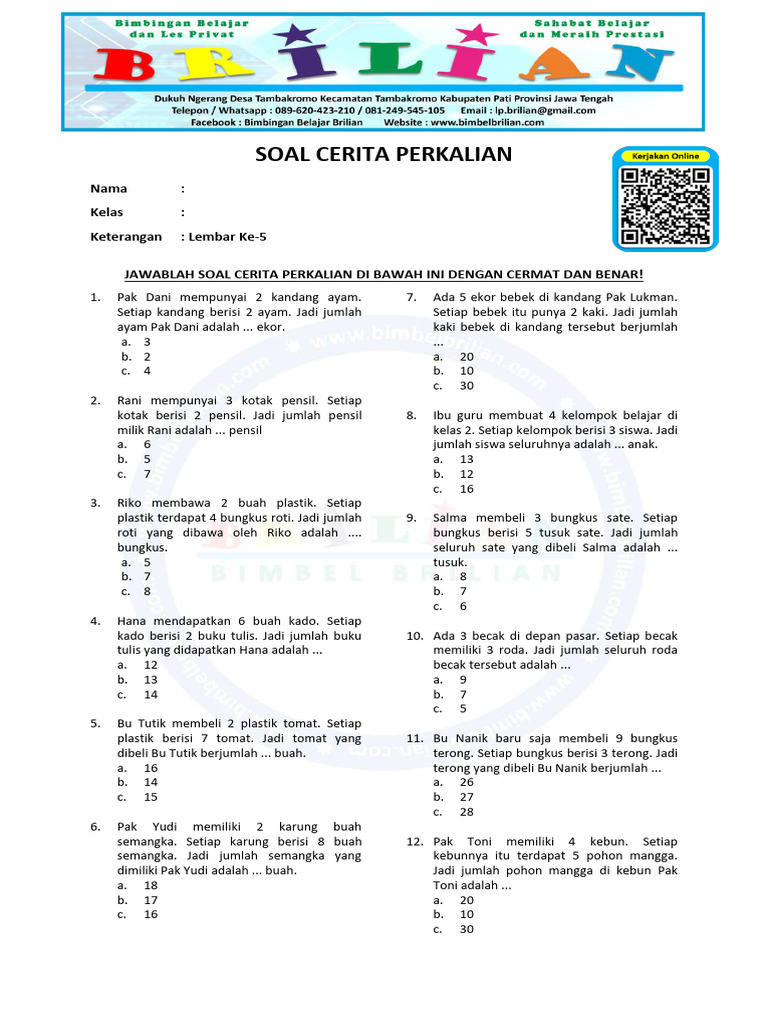 Soal Cerita Perkalian Kelas 3 SD Lembar 5 | PDF