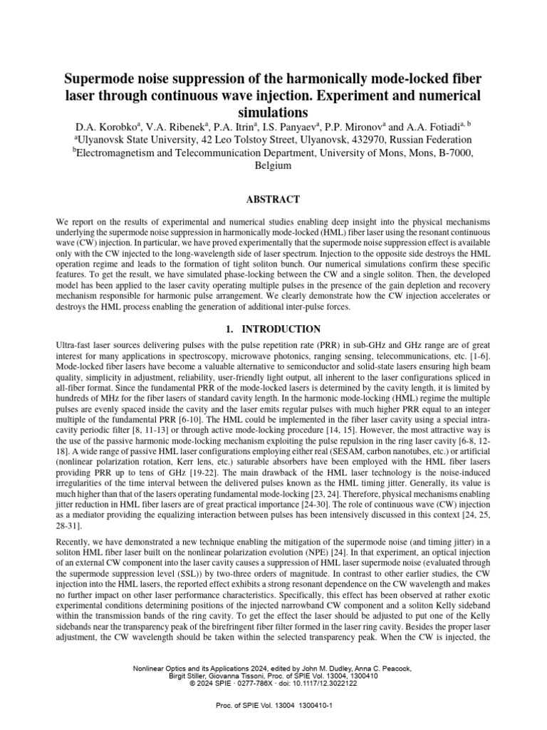 Supermode Noise Suppression of The Harmonically Mode-Locked Fiber | PDF ...