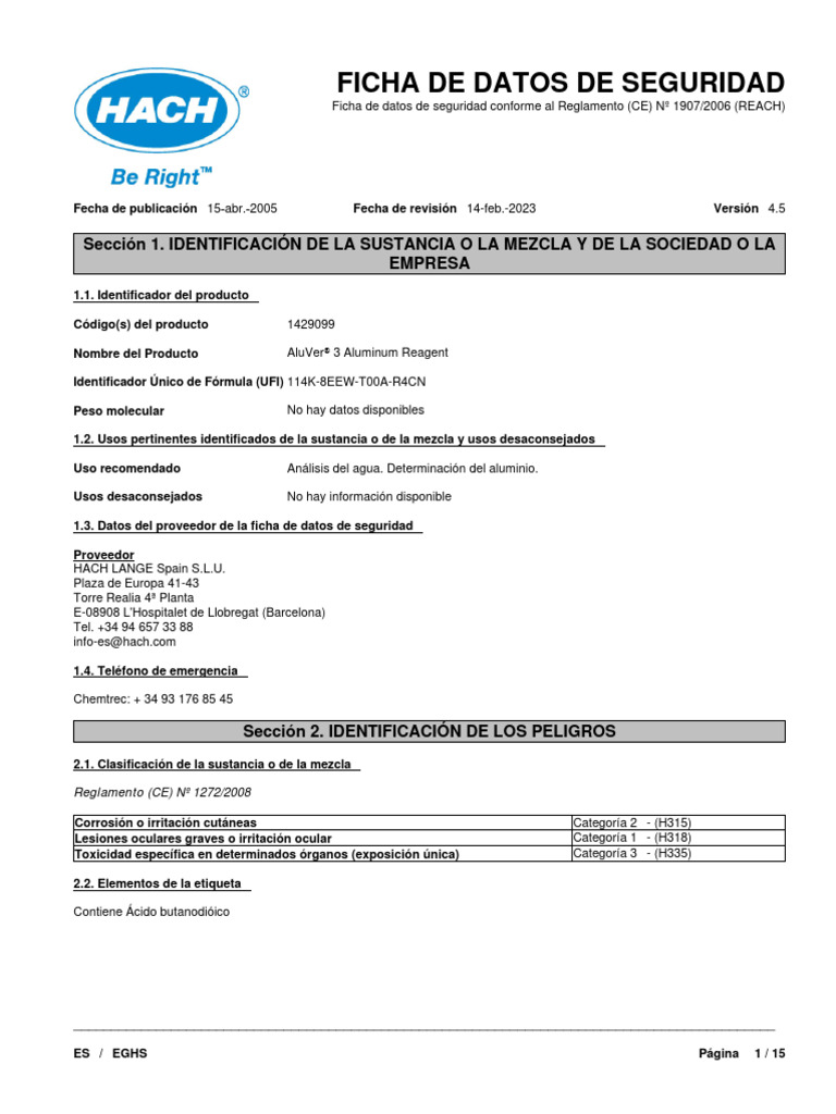Ficha de Datos de Seguridad Aluver 3 Hach | PDF | Toxicidad | Química