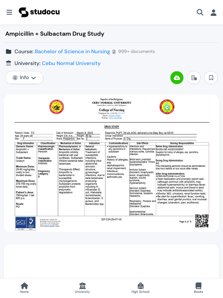 Ampicillin + Sulbactam Drug Study - CEBU NORMAL UNIVERSITY Osmeña BLVD., Cebu City, 6000 ...