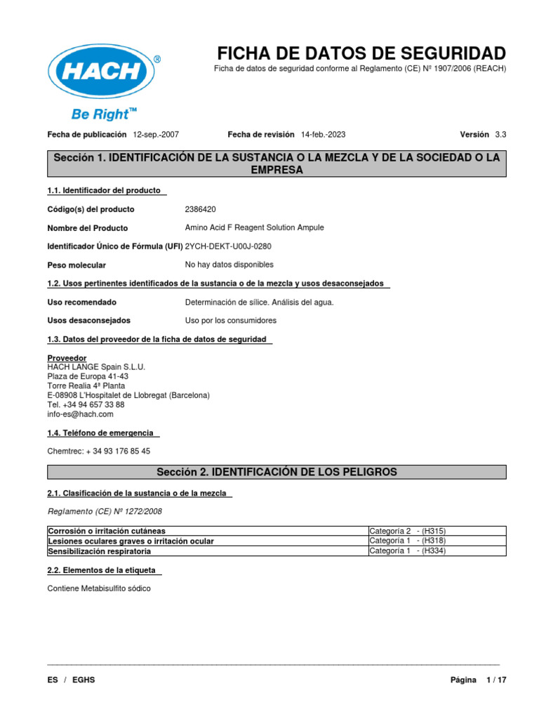 Ficha de Datos de Seguridad Amino Acid F Hach | PDF | Alergia | Agua