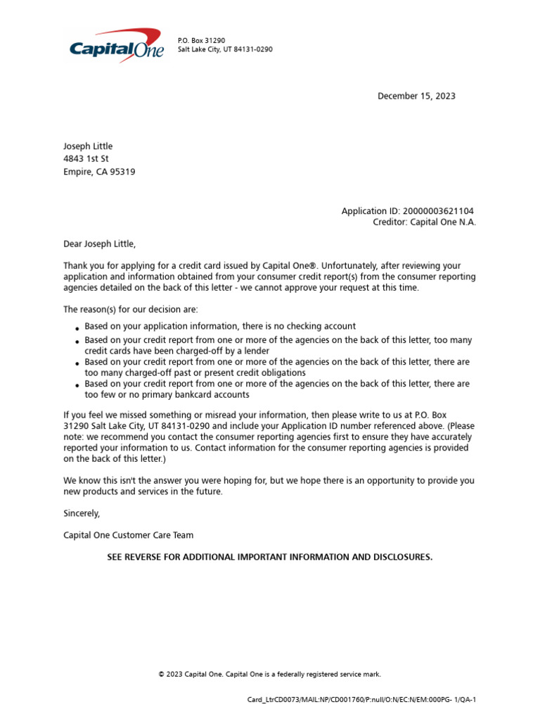 Adverse Action Letter | PDF | Credit History | Credit Bureau