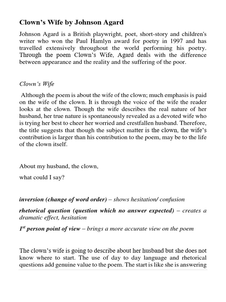 Clown's Wife by Johnson Agard | PDF | Poetry | Clown