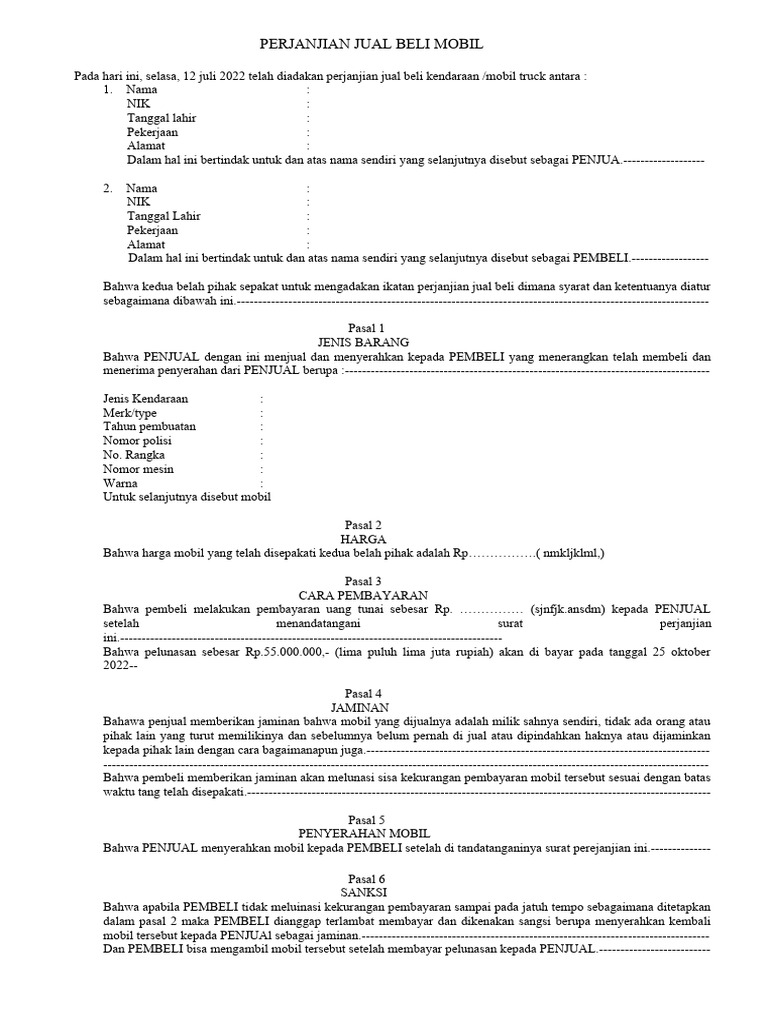 Surat Perjanjian Jual Beli Mobil | PDF