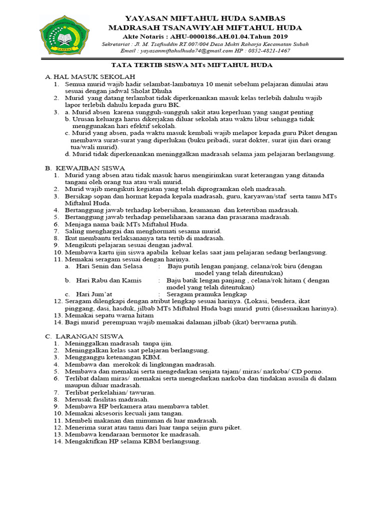Tata Tertib Siswa MTs Miftahul Huda | PDF