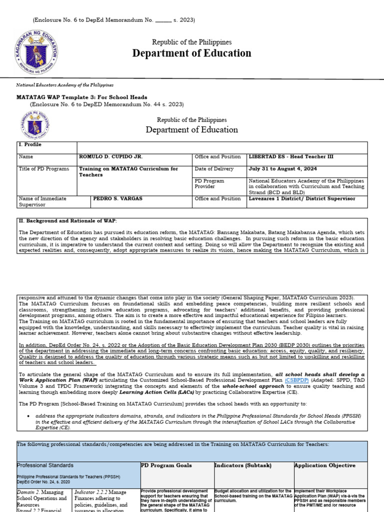 Final MATATAG WAP Template 3 School Heads SDO Cabuyao | PDF | Pedagogy | Curriculum