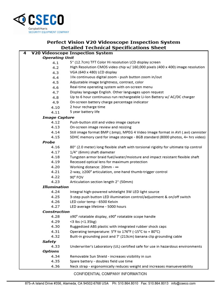 Detailed Perfect Vision V20 Videoscope Technical Specifications | PDF ...