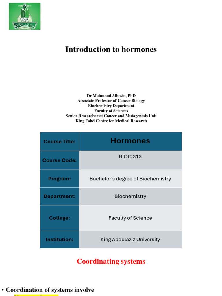 Lecture 1 INTRODUCTION TO HORMONES - Copy (1) | PDF | Hormone | Endocrine System