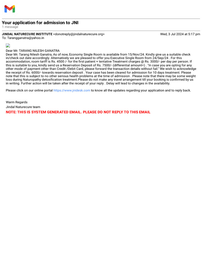 Gmail - Your Application For Admission To JNI | PDF