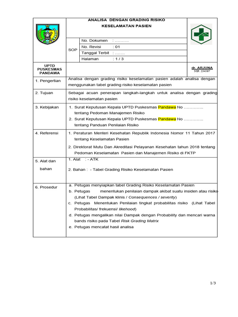 Contoh SOP Analisa Dengan Grading Risiko Keselamatan Pasien | PDF