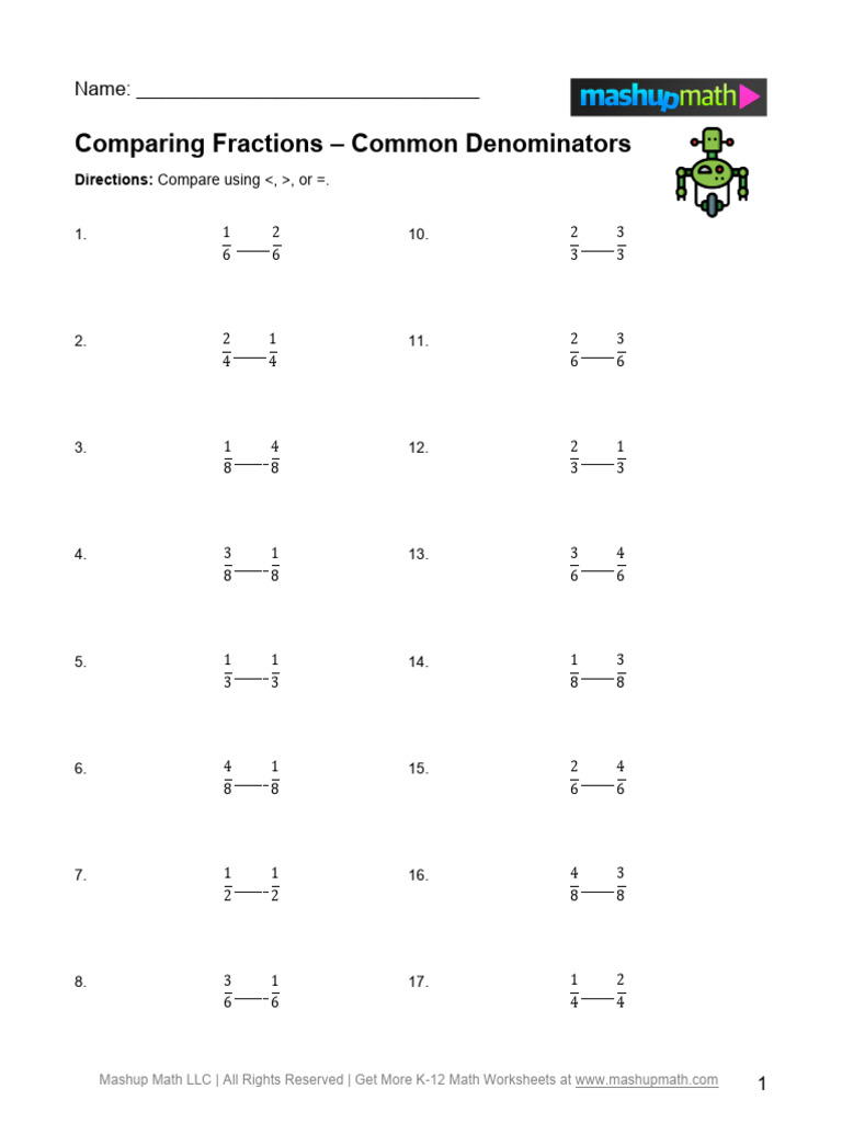 Comparing Fractions (Common Denominators) (A) | PDF | Mathematics ...
