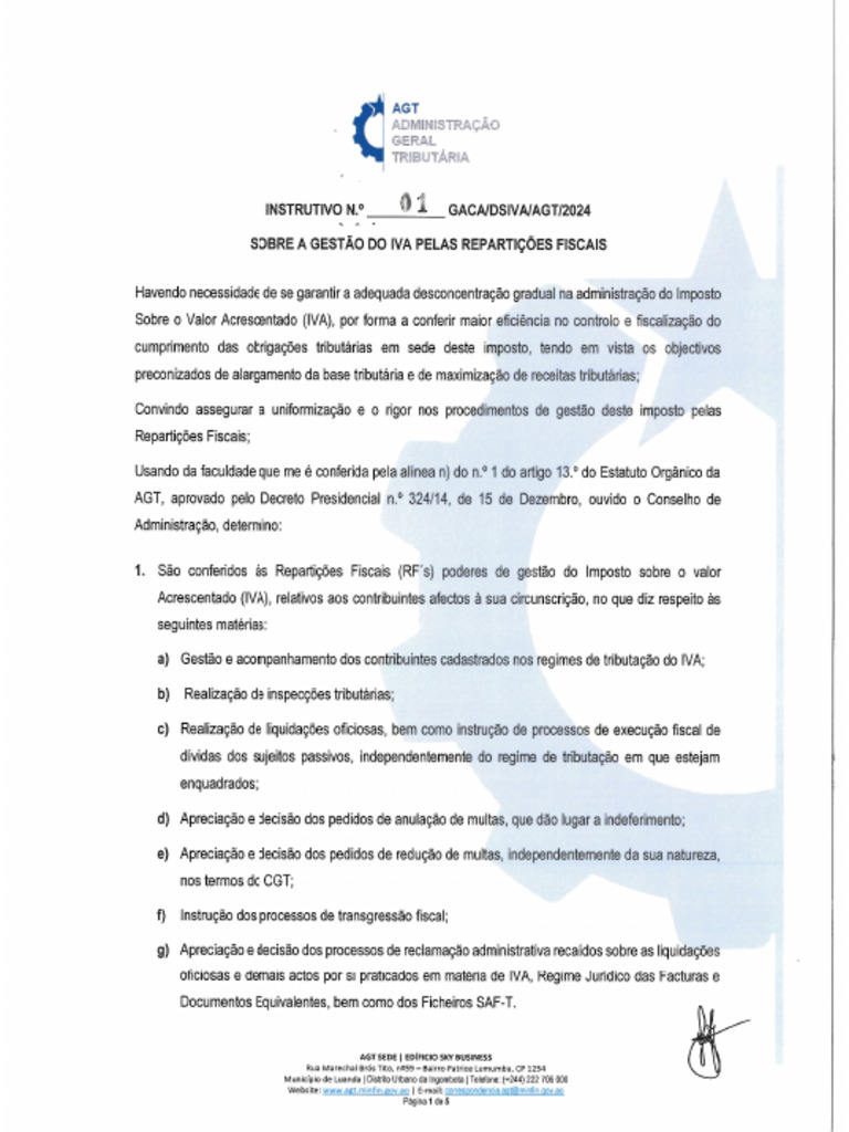 Instrutivo N.º1 - GACA - DSIVA - AGT - 2024 - GESTÃO DO IVA PELAS ...