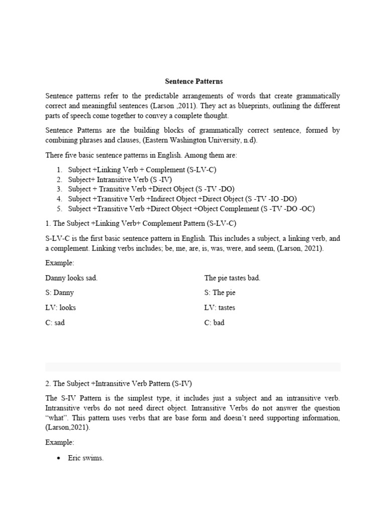 Sentence Pattern | PDF | Verb | Subject (Grammar)