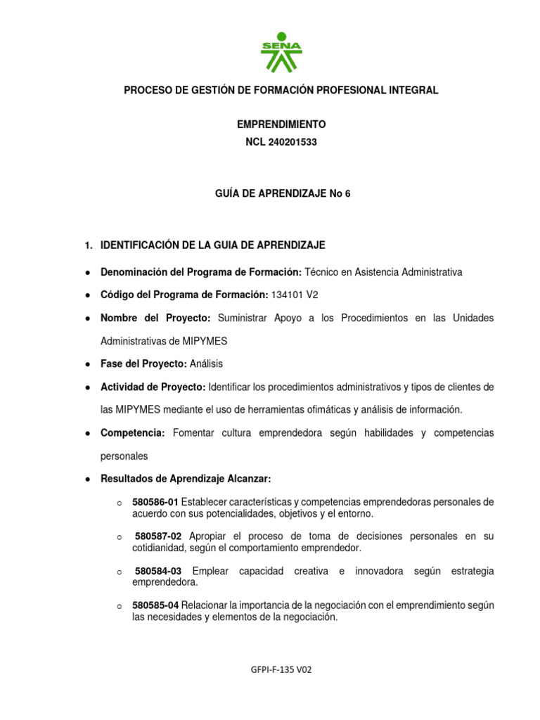 GFPI-F-135 v.2 Guia de Aprendizaje 6 Emprendimiento | PDF | Iniciativa empresarial | Marketing