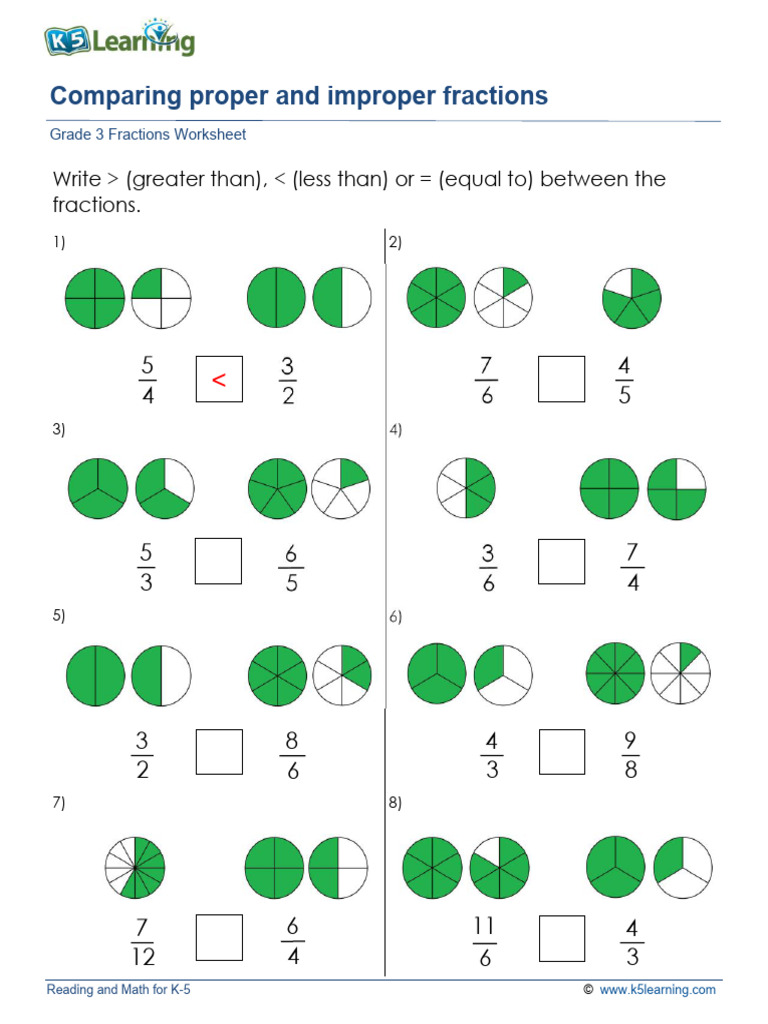 Grade 3 Comparing Proper and Improper Fractions A | PDF | Teaching ...