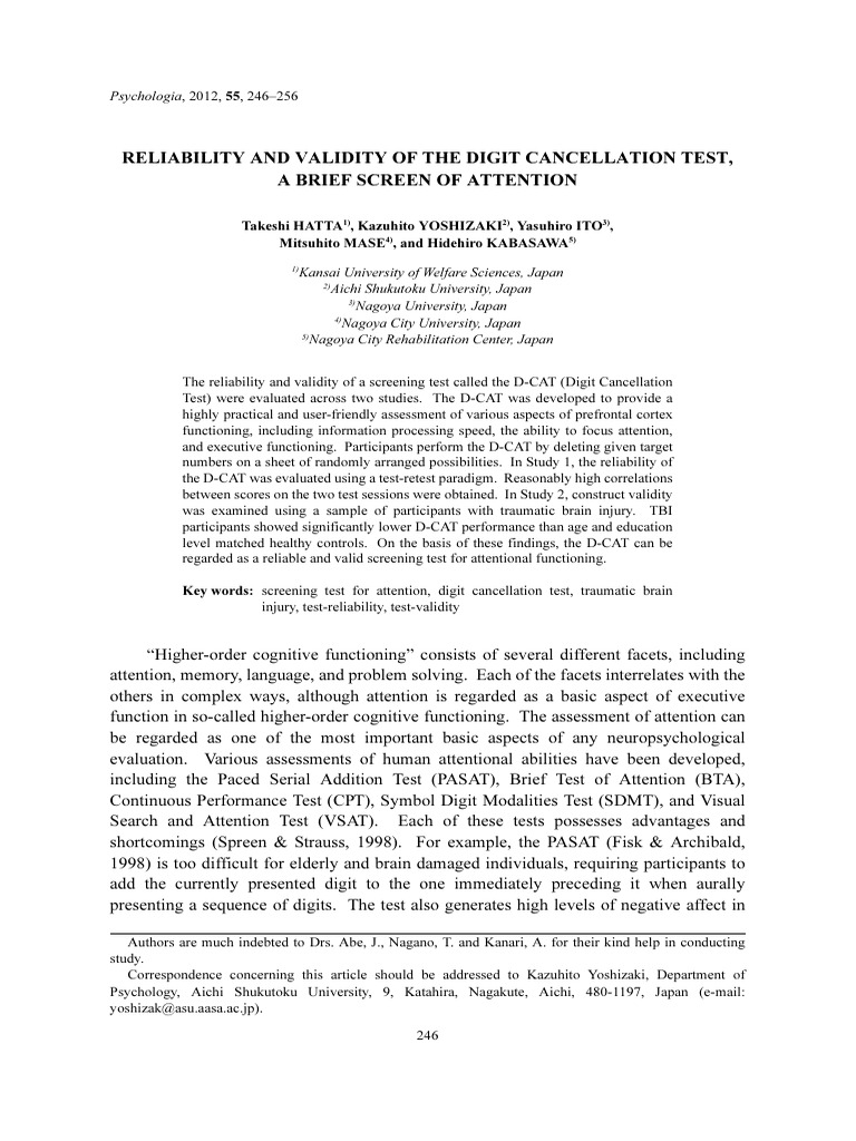Reliability and Validity of The Digit Cancellation Test, A Brief Screen ...