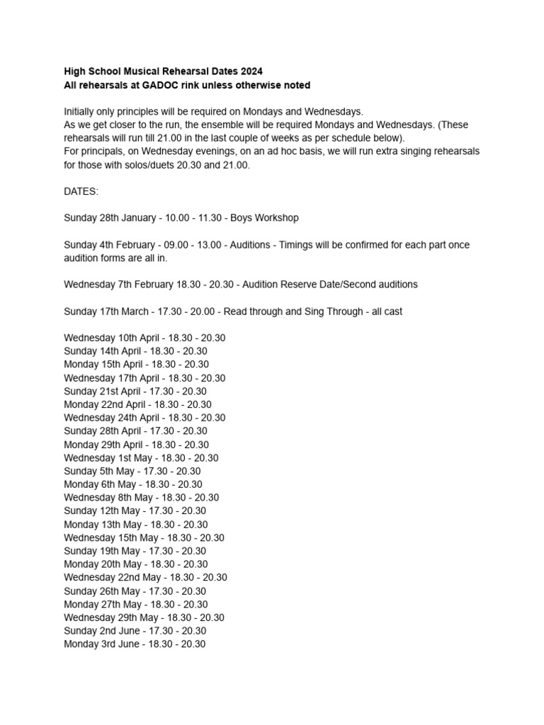 HSM Rehearsal Schedule ALL DATES | PDF