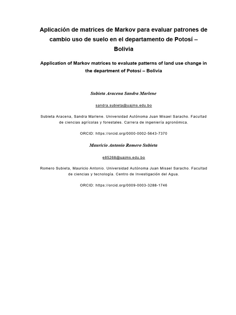 Aplicacion Matrices Markov Potosi - Bolivia (Subieta - Romero) | PDF ...