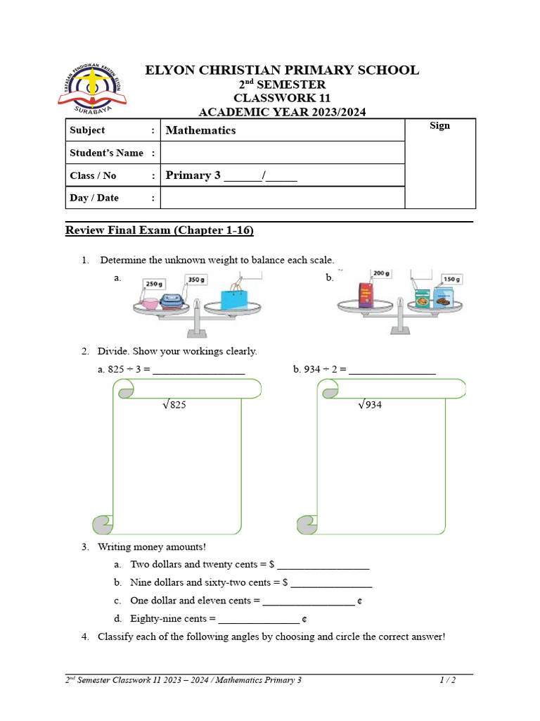 Mathematics - Classwork 11 - Primary 3 (Sem 2) Review FE | PDF