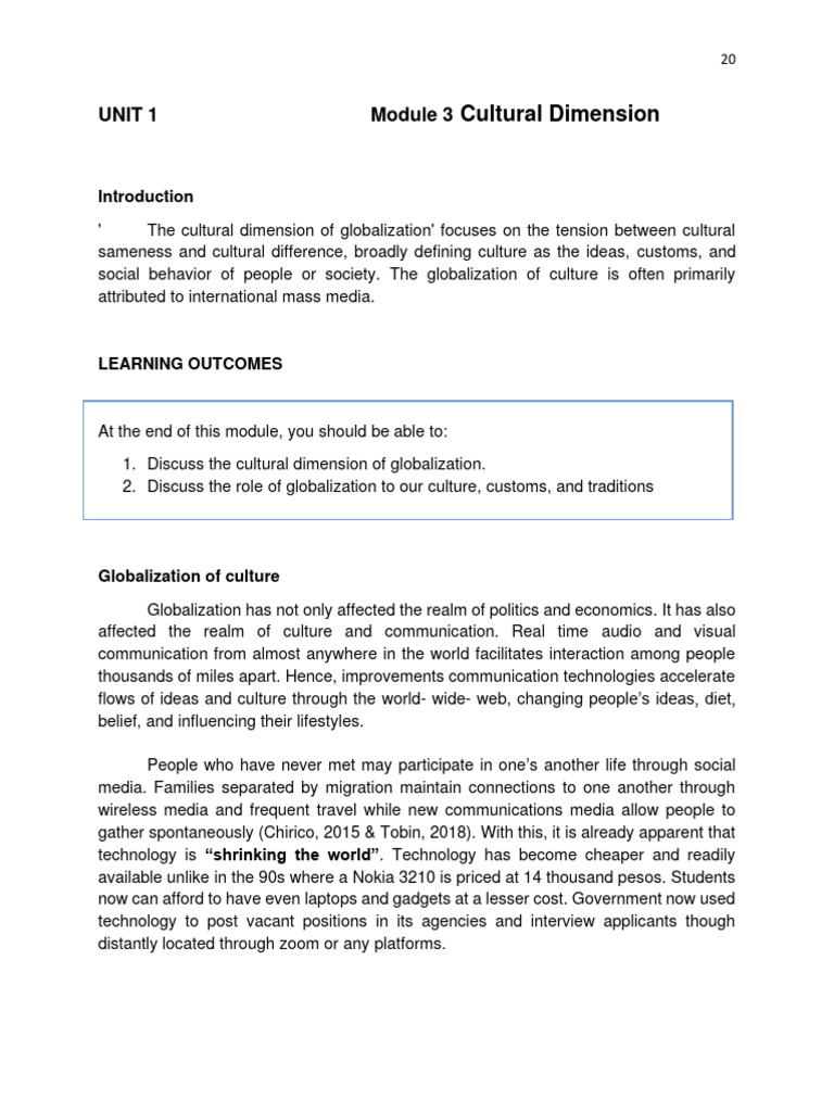 UNIT 1 MODULE 3 IN GLOB Cultural Dimension Ok | PDF | Globalization | Communication