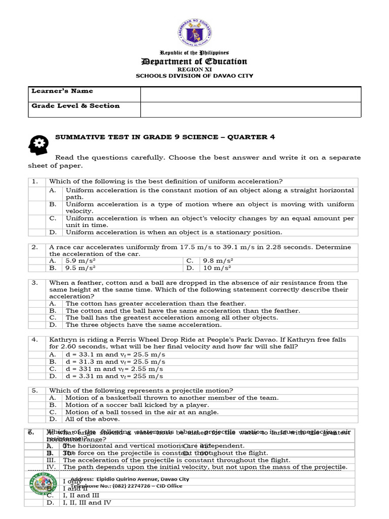 Grade 9 Science Summative Test Questions | PDF | Collision | Heat