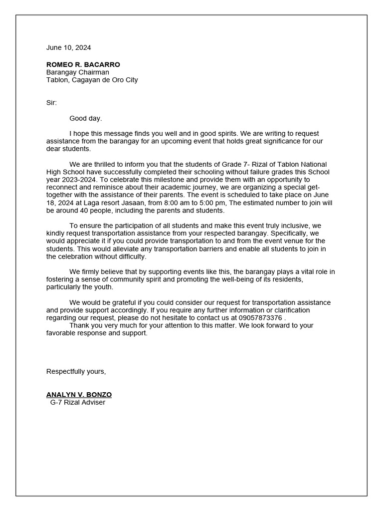 Letter Requesting For A Transportation | PDF