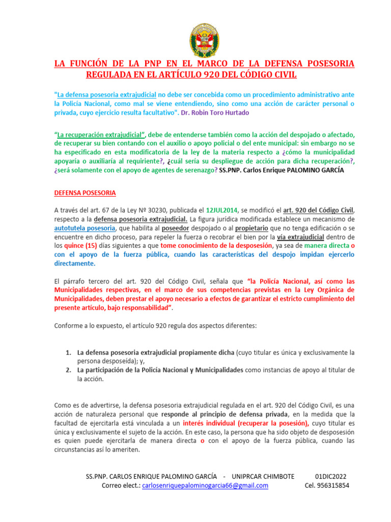 Defensa Posesoria y Recuperación Extrajudicial | PDF | Policía | Justicia Defensa Posesoria y Recuperación Extrajudicial | PDF | Policía | Justicia