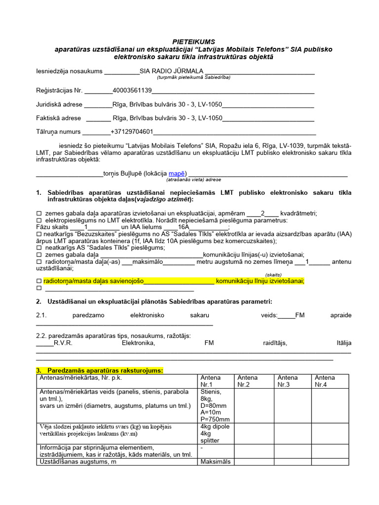 Veidlapa Pieteikums Aparatūras Uzstādīšanai Un Ekspluatācjai LMT ...