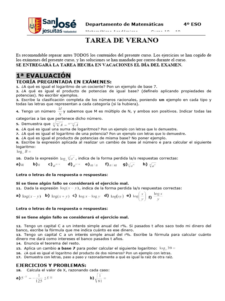 Repaso Verano Matematicas Academicas 4º | PDF | Trigonometría | Línea ...