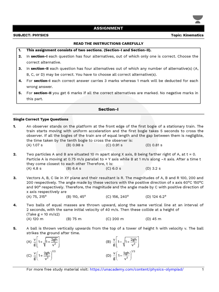 01 Kinematics Questions 1 | PDF | Acceleration | Speed