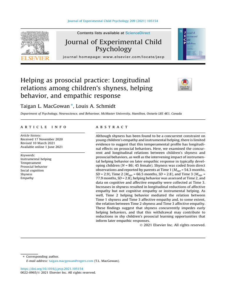 Helping As Prosocial Practice Longitudinal | PDF | Empathy | Shyness