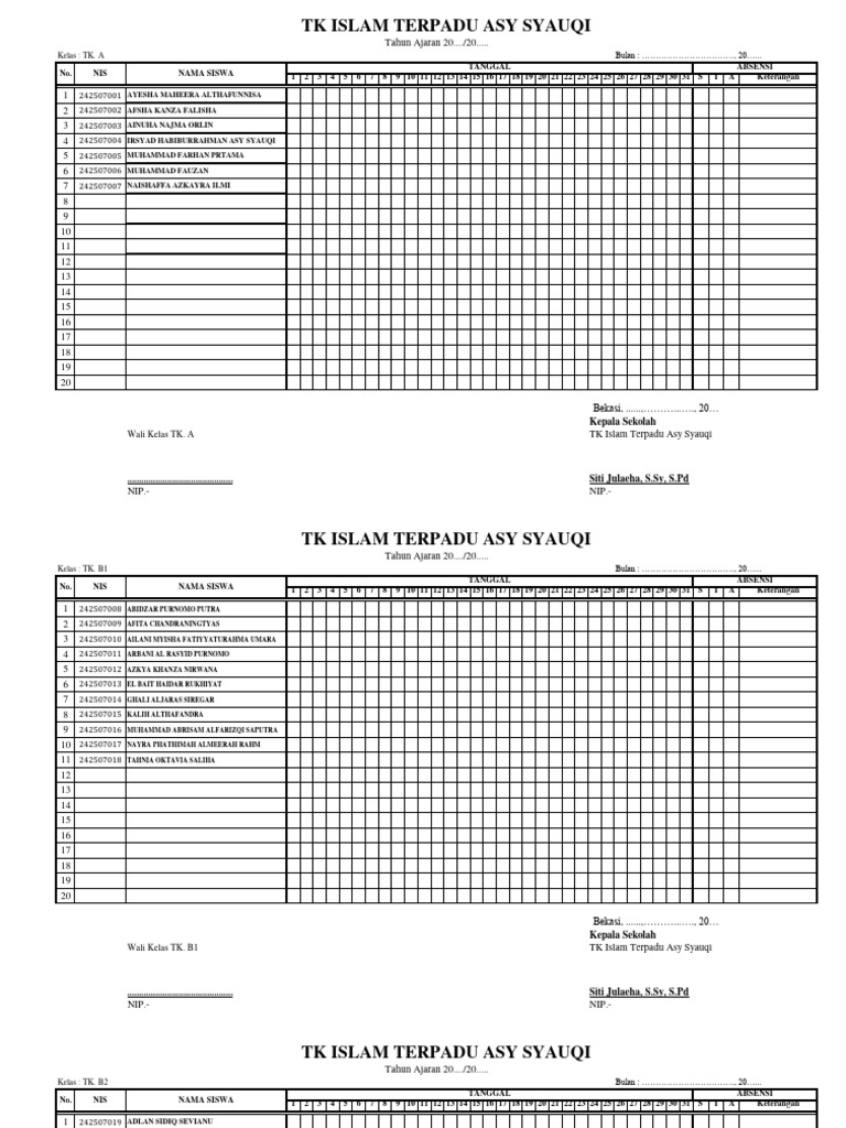 Absensi Tkit Asy Syauqi 24-25 | PDF