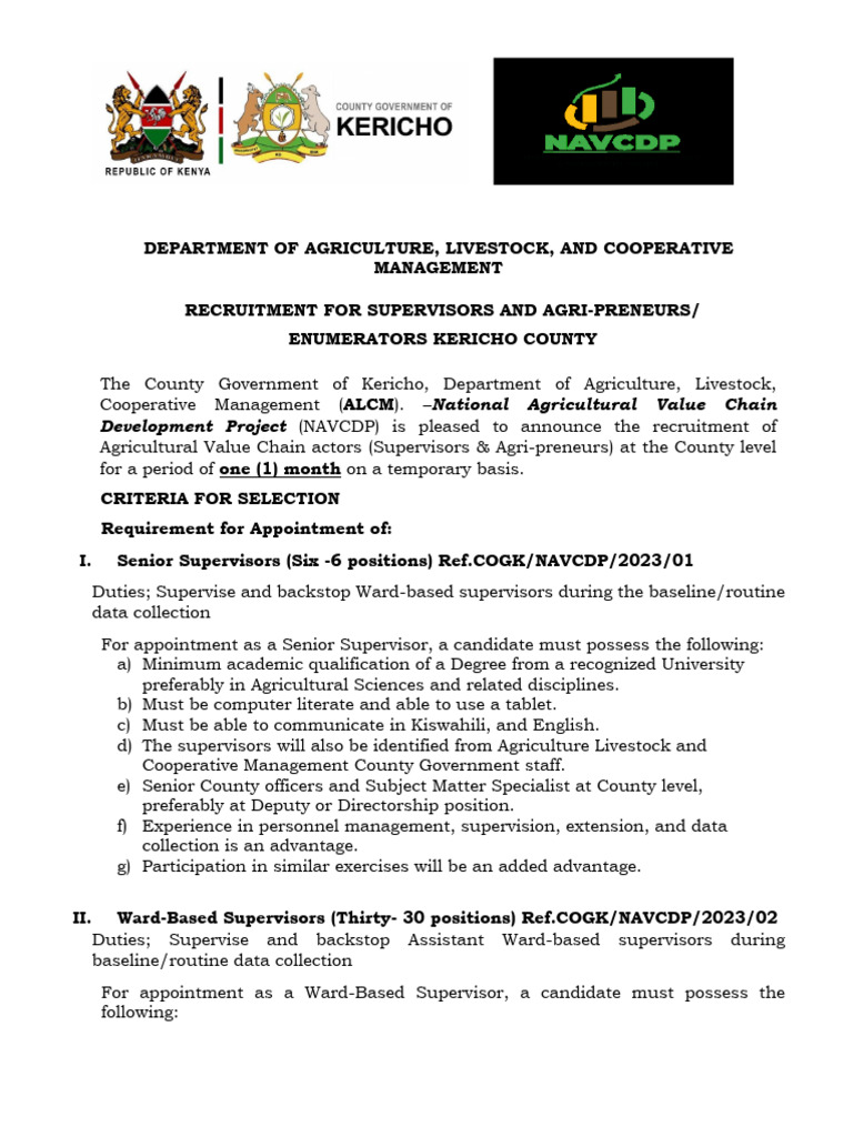 Navcdp Job Opportunities Kericho County | PDF | Recruitment