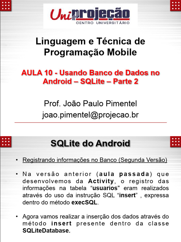 Aula 10 - Usando Banco de Dados No Android - SQLite - Parte 2 - Nova - 20240503-1936 | PDF ...