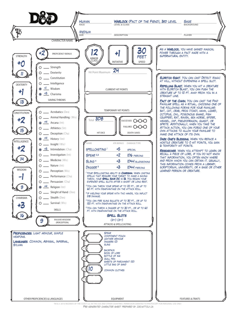 DD 5e Warlock 3 Pact of The Fiend Human Sage | PDF