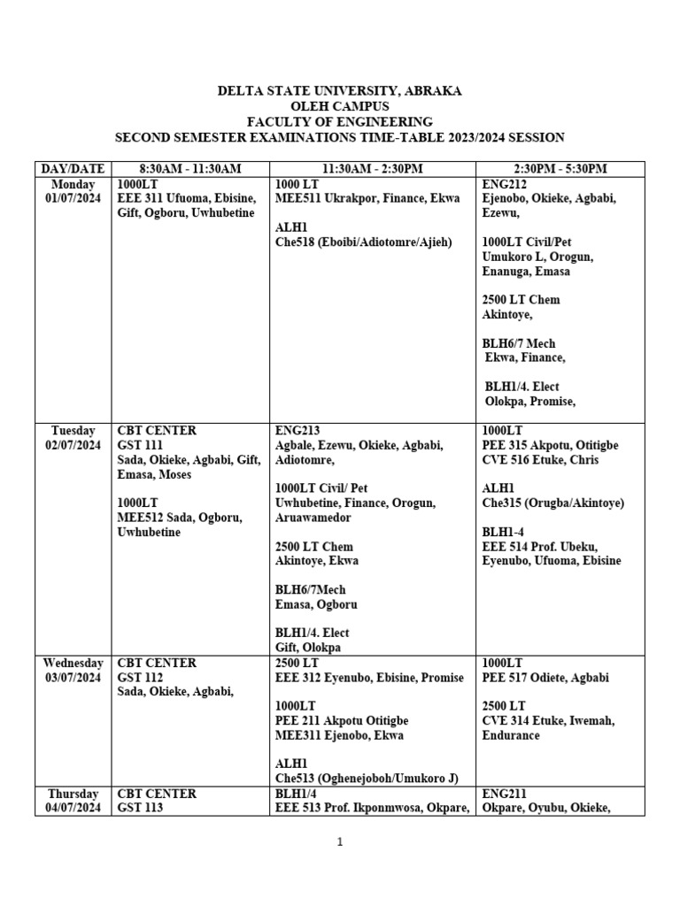 Faculty of Engineering Second Semester Examination Timetable for 2023 ...