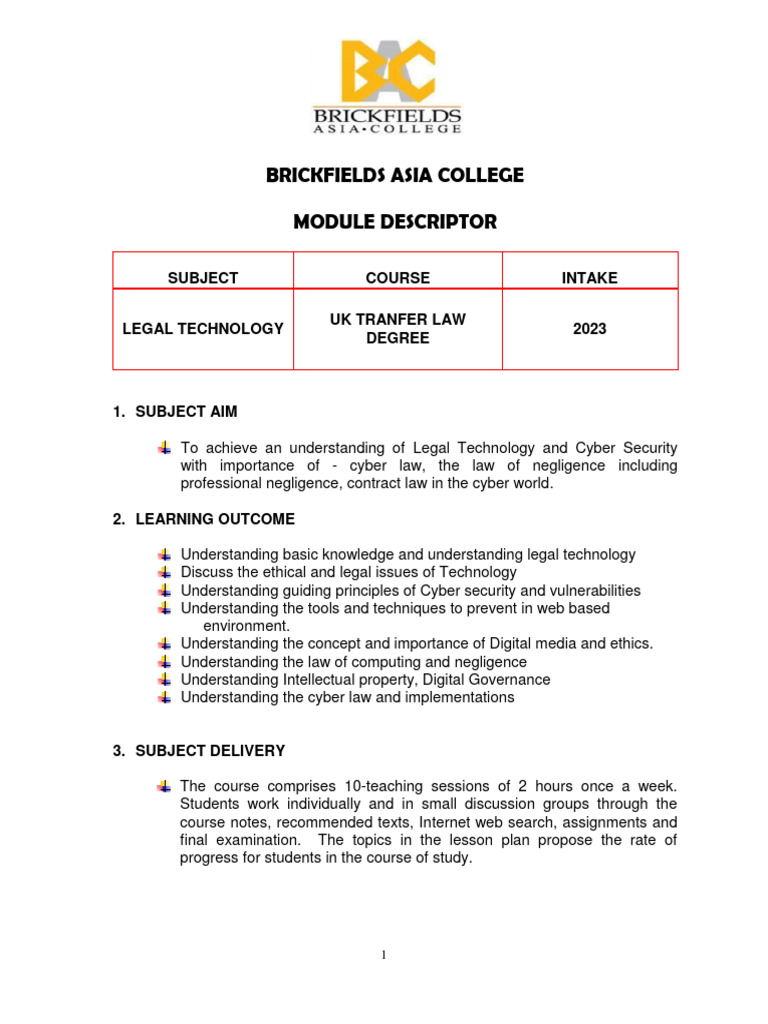UKT Module Descriptor Legal Technology 2023 | PDF | Security | Computer ...