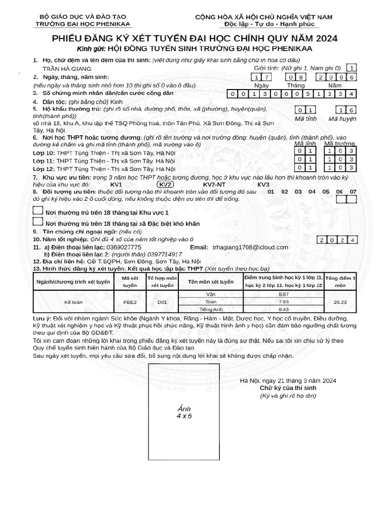 Phieu Dang Ky Tuyen Sinh | PDF