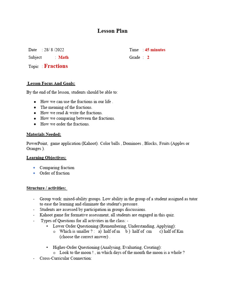 Grade 2 Math Lesson Plan on Fractions | PDF | Lesson Plan | Human Communication