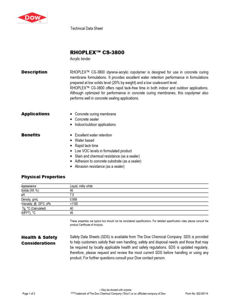 832 00114 01 Rhoplex cs3800 Styreneacrylic Copolymer Tds | PDF ...